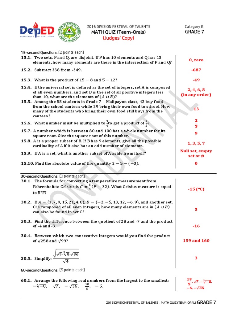 Math Quiz To g7 | PDF | Integer | Discrete Mathematics