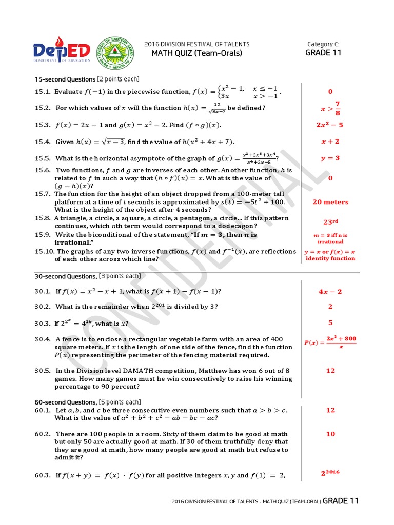 Math Quiz To g11 | Download Free PDF | Function (Mathematics) | Asymptote