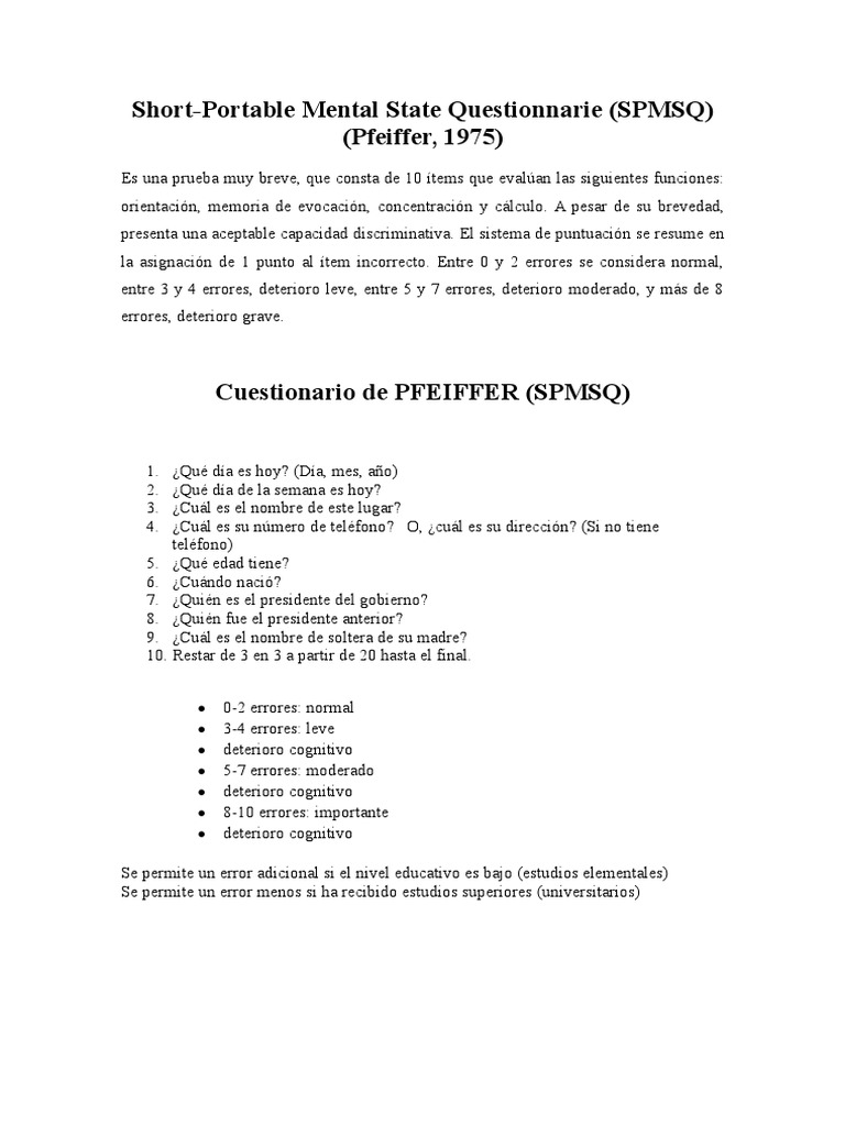 Cuestionario de Pfeiffer | PDF