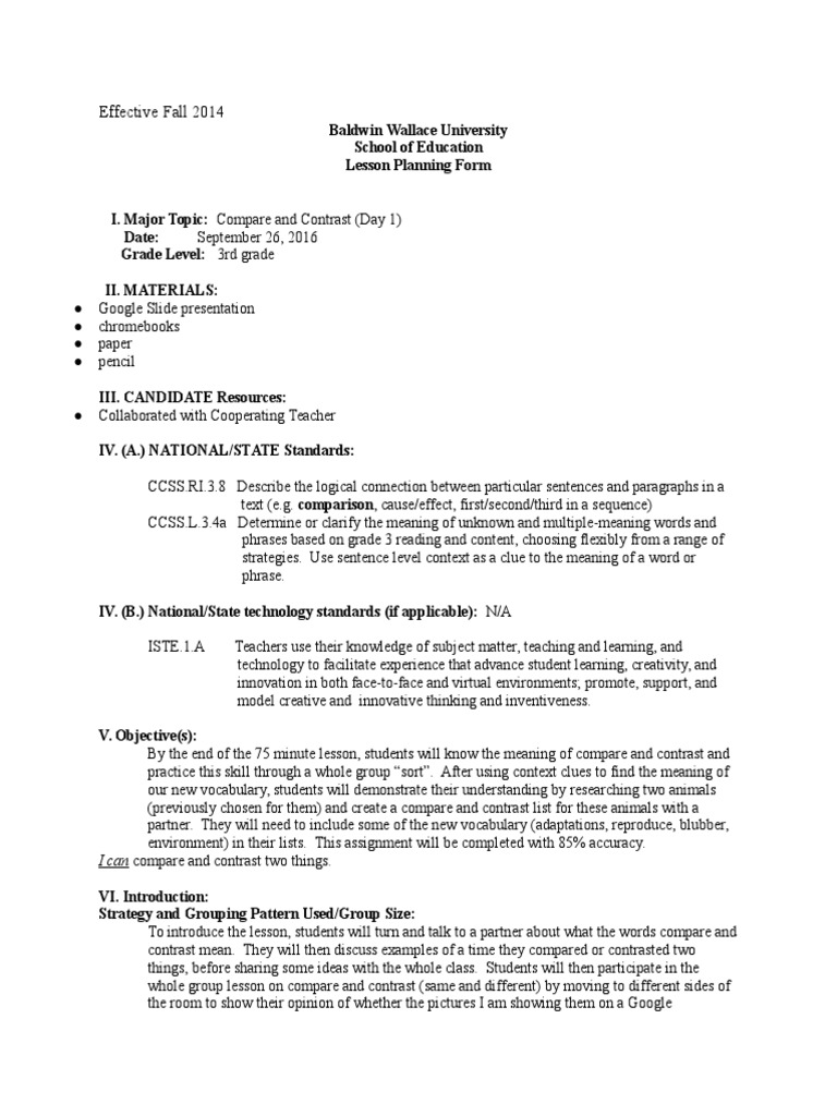 Compare and Contrast Lesson 1 | PDF | Educational Assessment | Lesson Plan