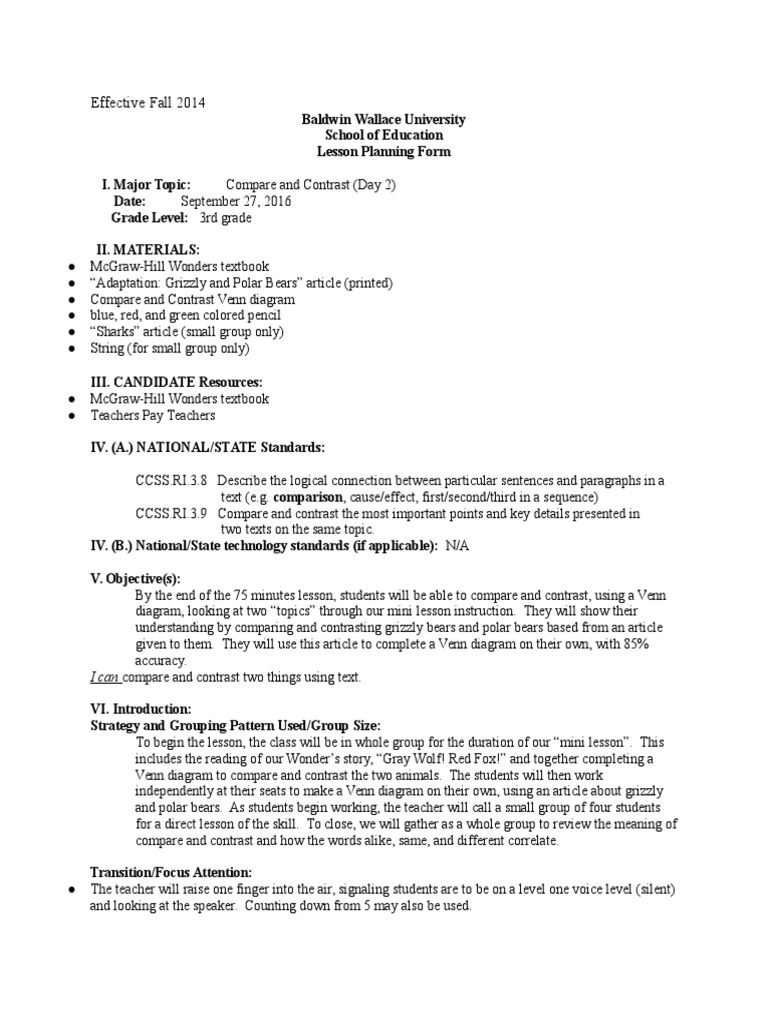 Compare and Contrast Lesson 2 | PDF | Educational Assessment | Lesson Plan