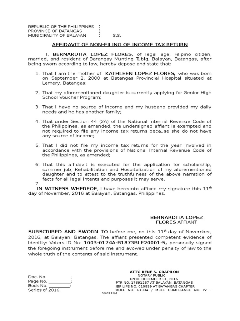 Affidavit of Non-Filing of Income Tax Return Flores | PDF