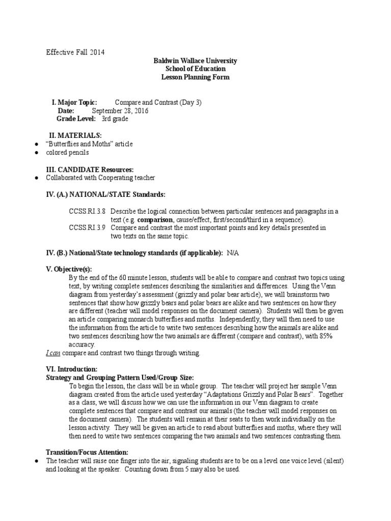 Compare and Contrast Lesson 3 | PDF | Educational Assessment | Lesson Plan