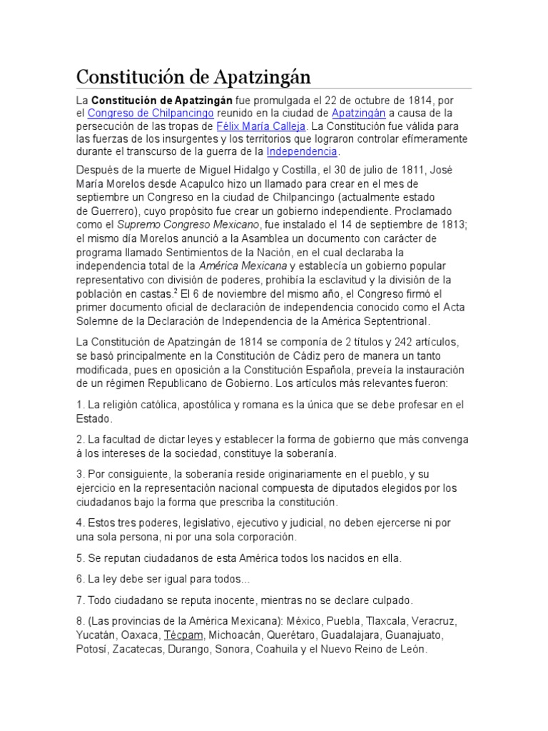 Constitución de Apatzingán de 1814 | PDF | Cartas Políticas | Teorías ...
