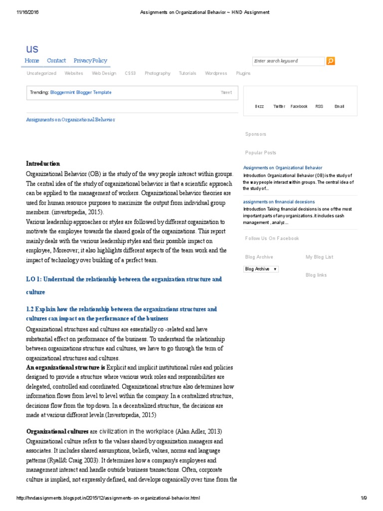Assignments On Organizational Behavior - HND Assignment | PDF ...
