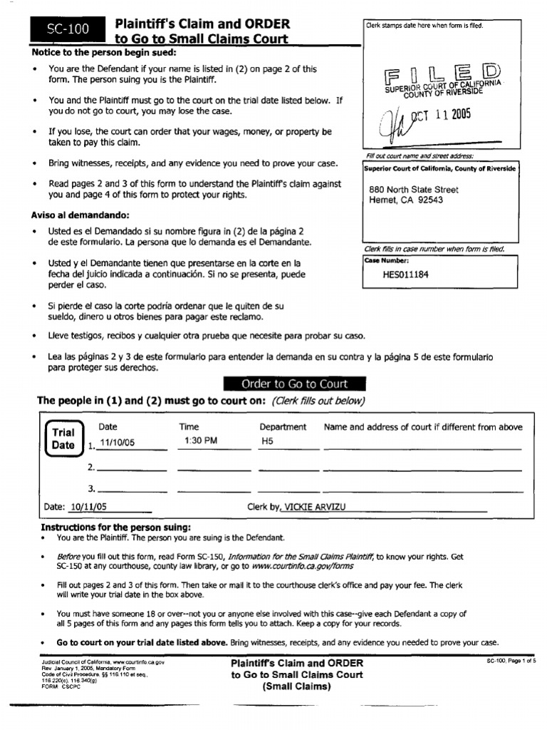 Plaintiff's Claim and ORDER to Go to Small Claims Court: Notice to the person begin sued