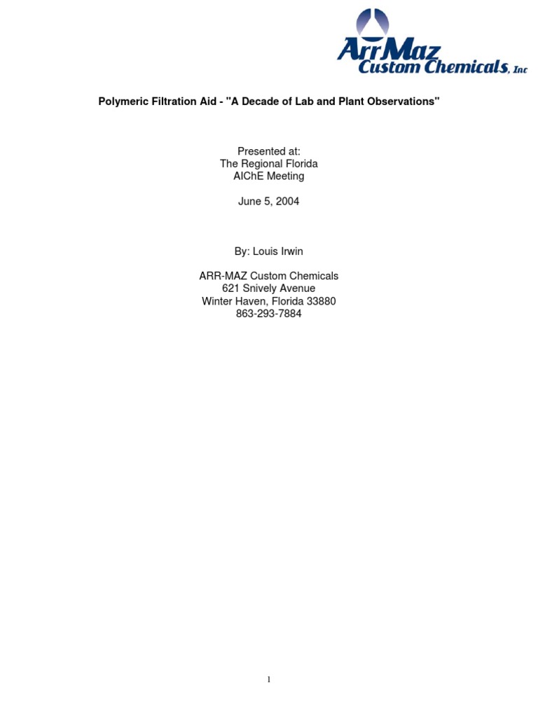 Polymeric Filtration Aid - "A Decade of Lab and Plant Observations ...