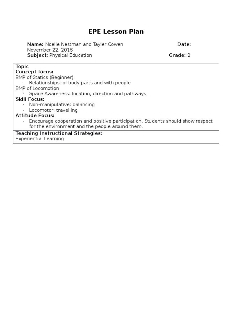 Phys Ed Lesson Epe | PDF | Animal Locomotion | Physical Education