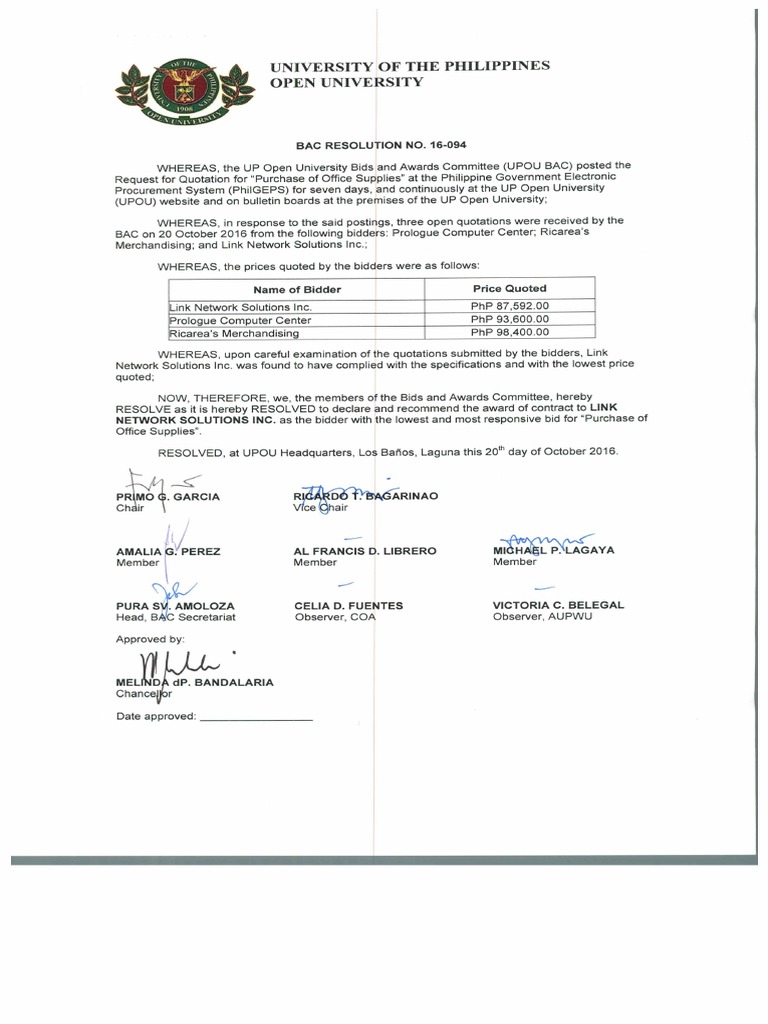BAC Resolution No. 16-094 Purchase of Office Supplies | PDF