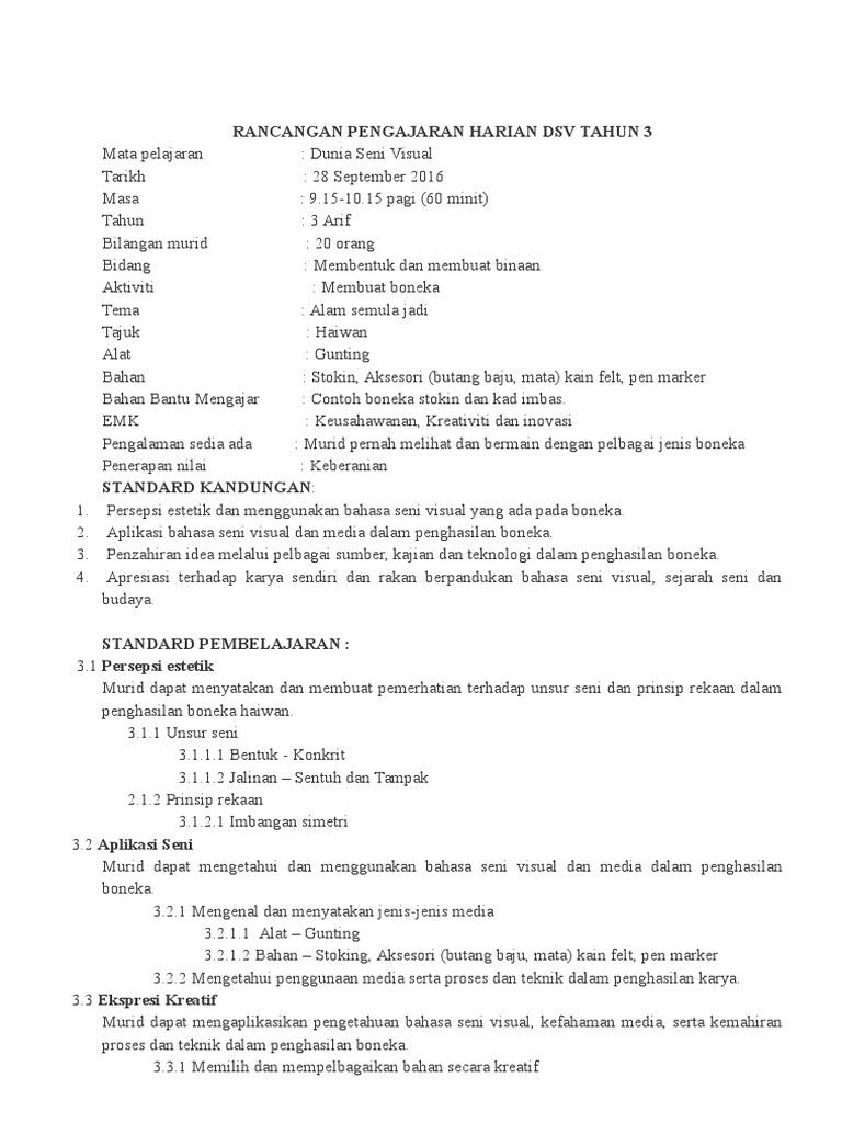 RPH Pendidikan Seni Visual Boneka Tahun 3 Arif | PDF | Karier & Perkembangan | Griya & Taman
