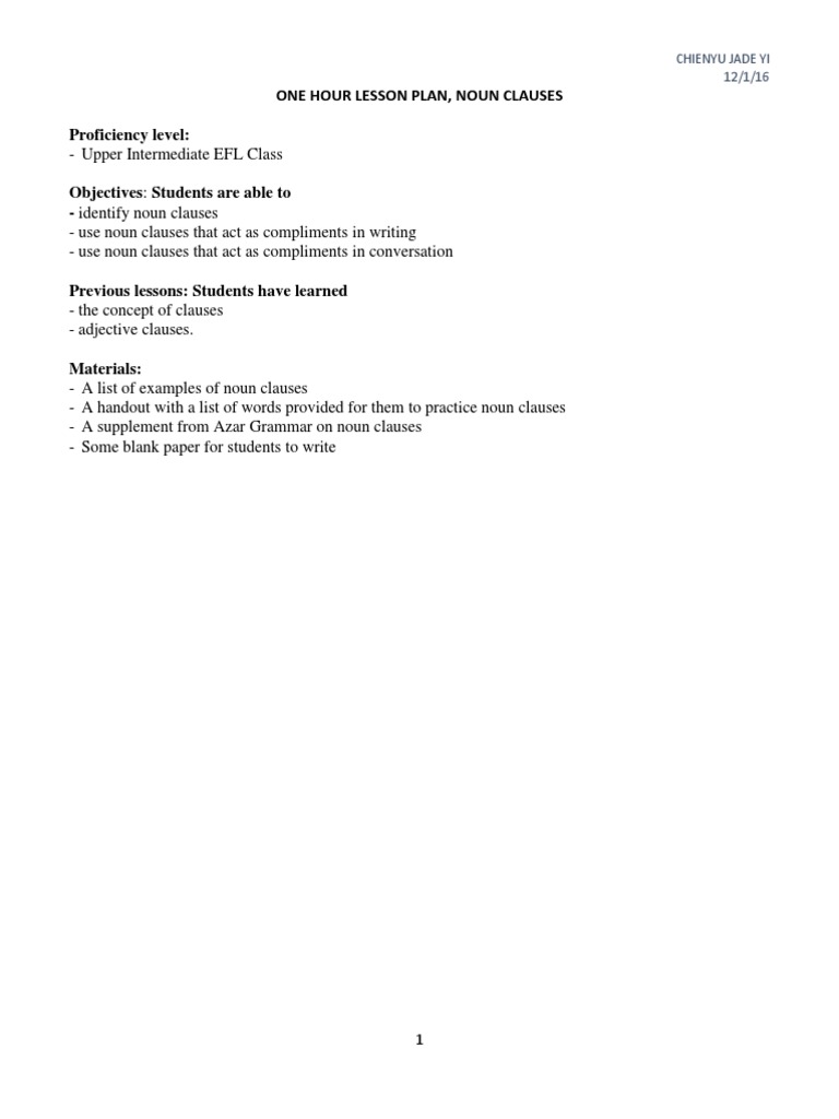 Teaching Lesson Plan Noun Clauses Dec 1 2016 | PDF | Object (Grammar ...