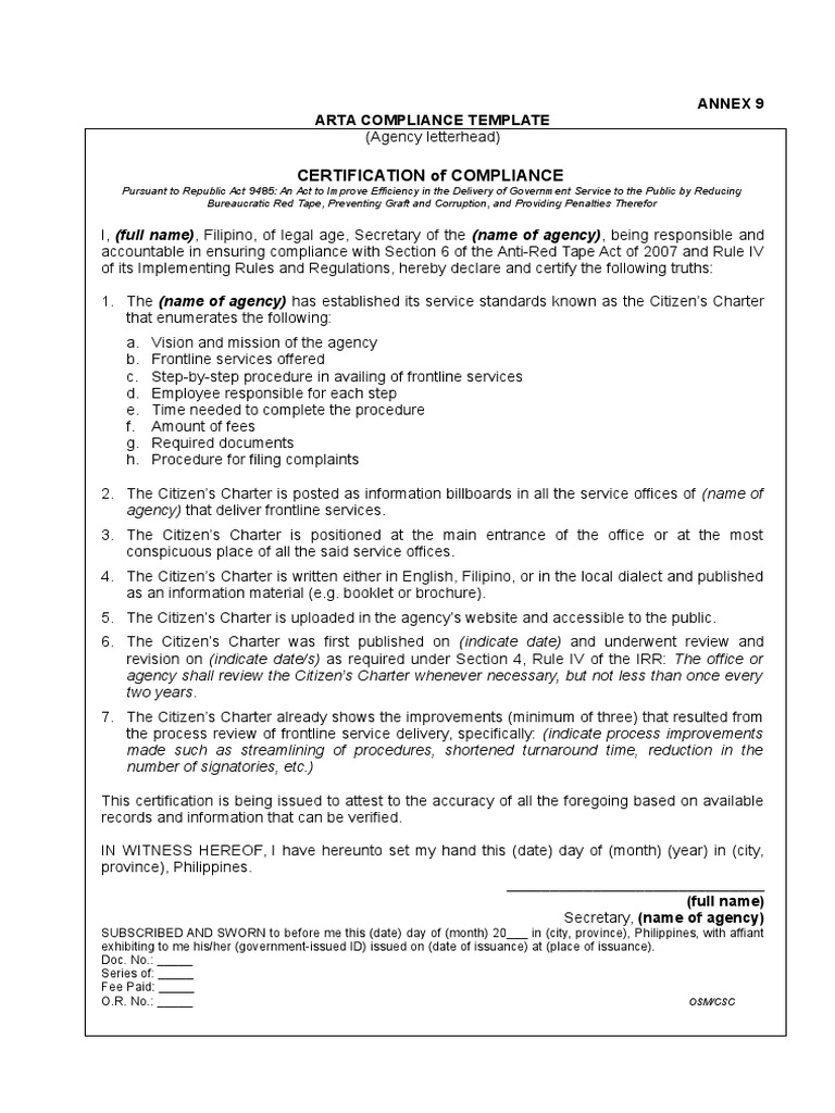 Annex 9. ARTA Compliance Template | Regulatory Compliance | Politics ...