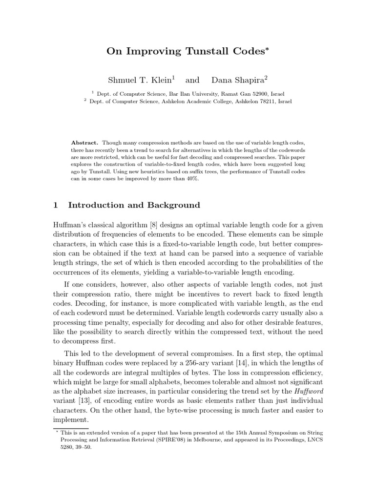 On Improving Tunstall Codes: Shmuel T. Klein and Dana Shapira | PDF | Code | String (Computer ...