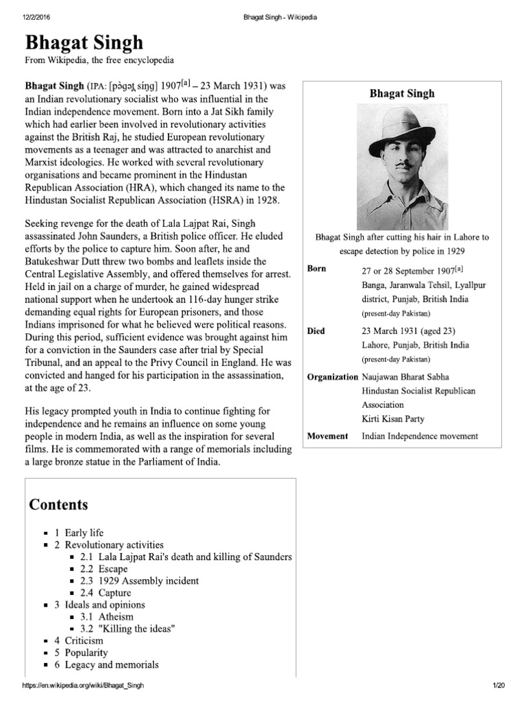 Bhagat Singh - Wikipedia | PDF