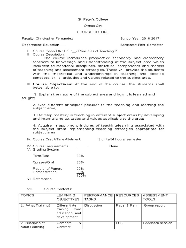 Course Outline _Principles of Teaching 2 | Educational Assessment ...