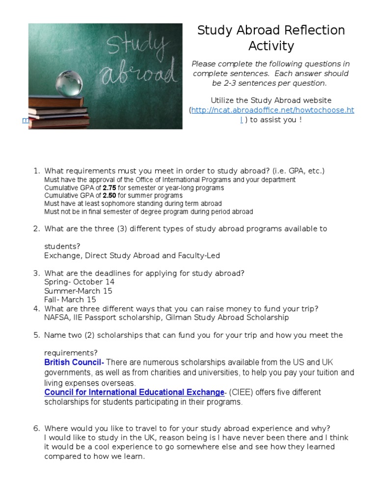Study Abroad Reflection Activity | PDF