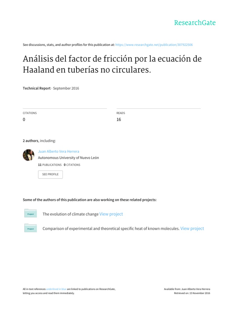 Análisis Del Factor de Fricción Por La Ecuación de Haaland en Tuberías ...