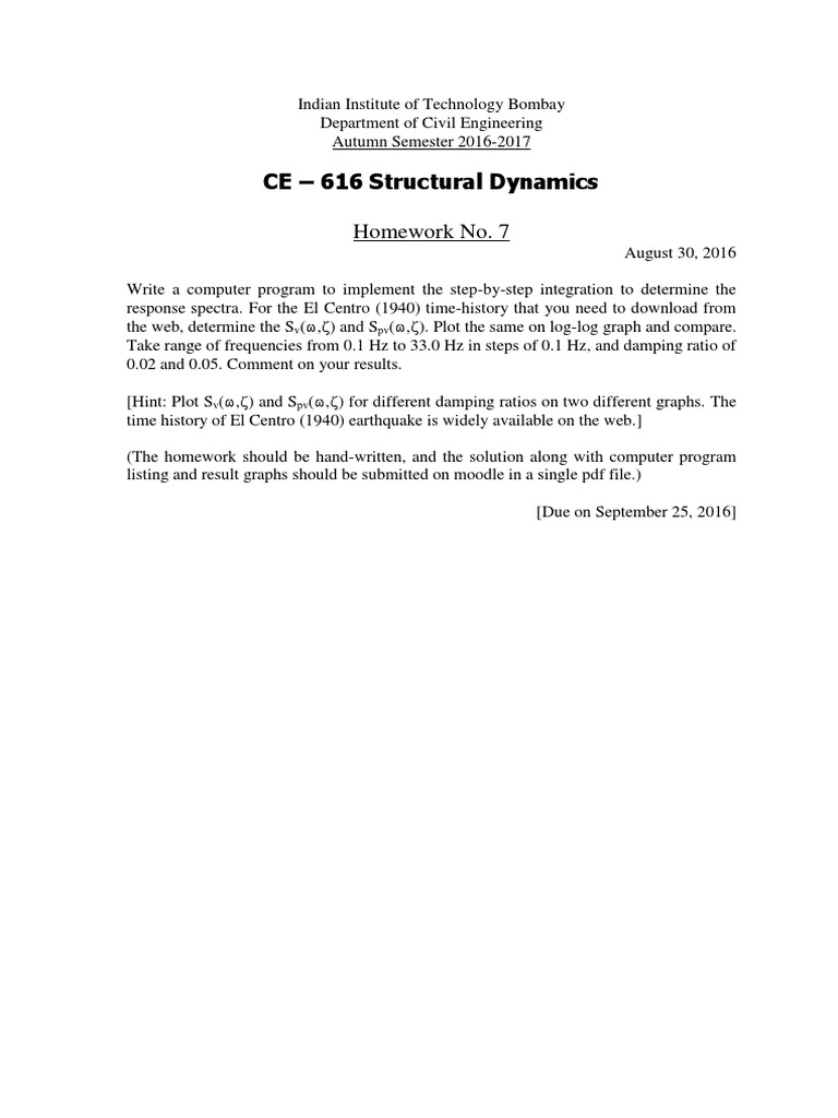 CE - 616 Structural Dynamics: Homework No. 7 | PDF