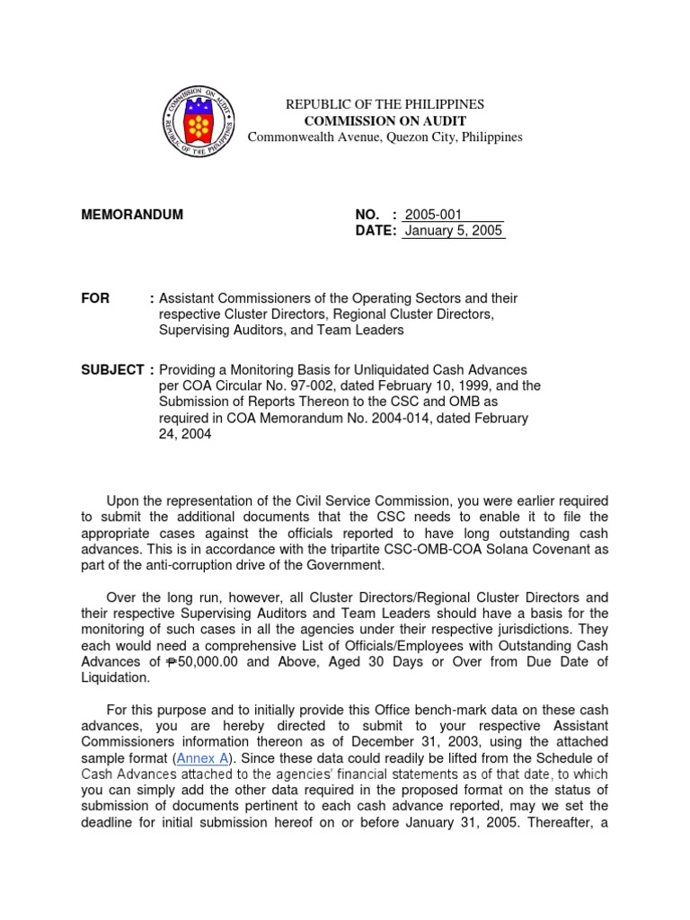 COA Monitoring of Unliquidated Cash Advances | PDF | Audit | Business