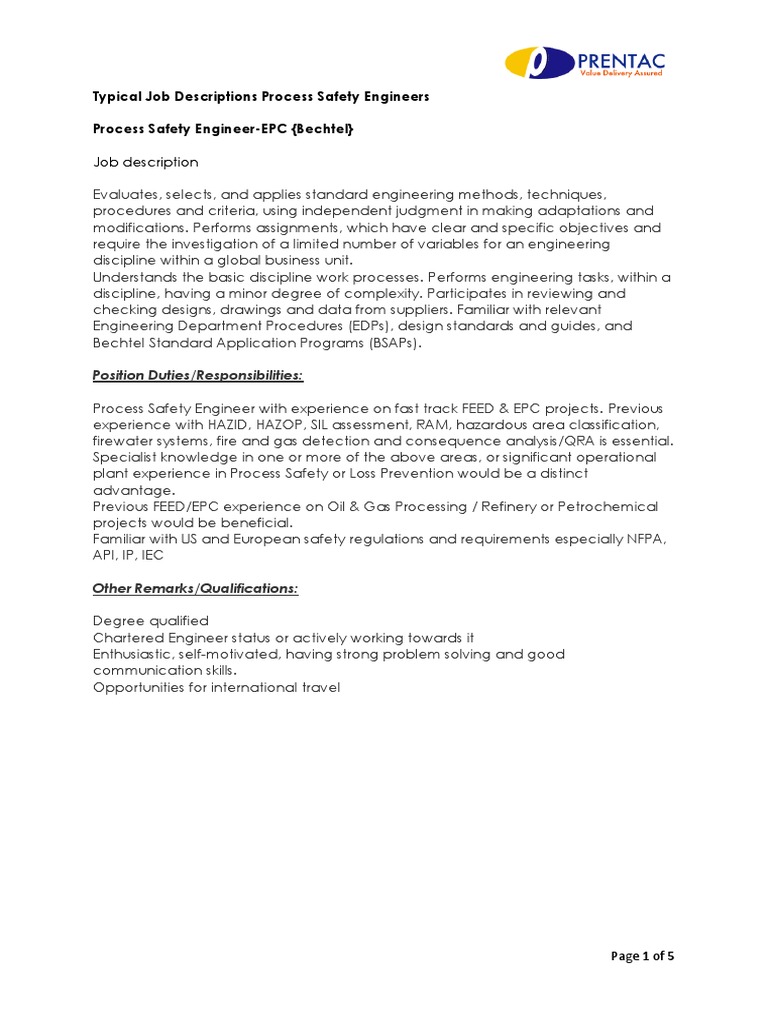 Process Safety Engineer Job Descriptions | PDF | Risk | Safety