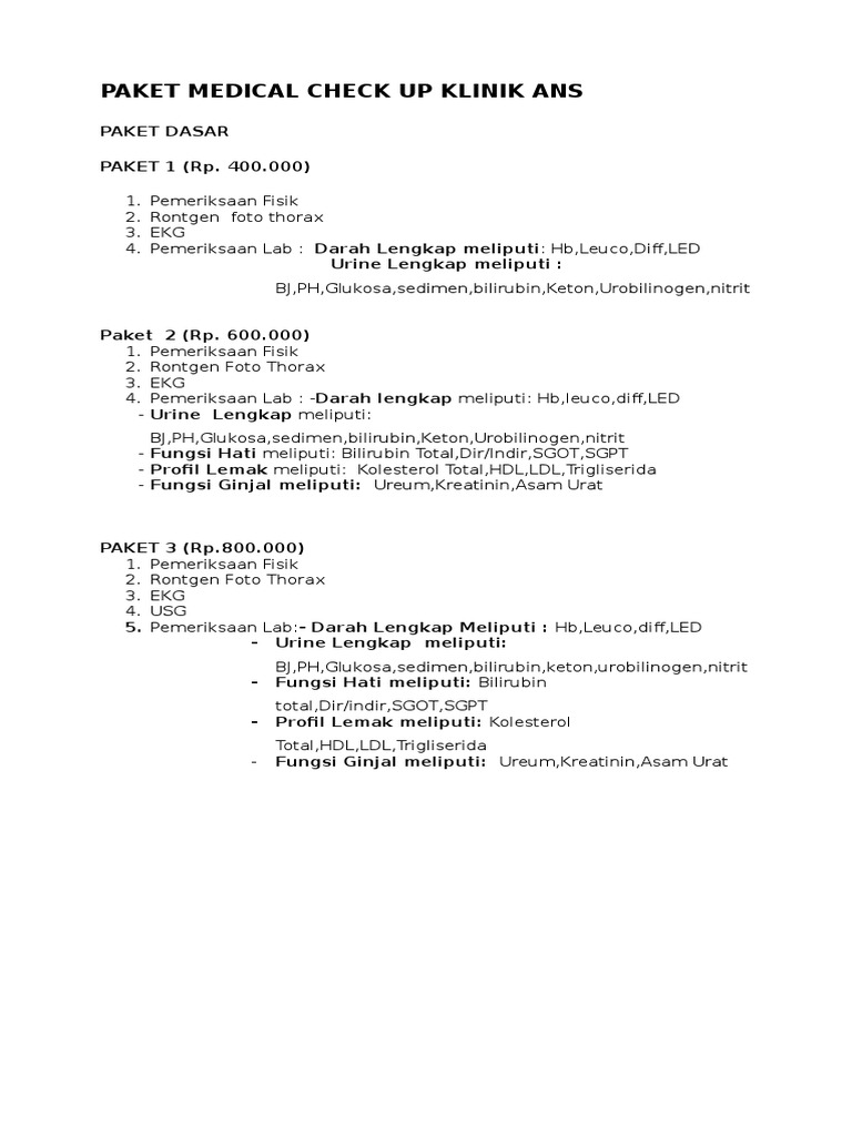 Paket Medical Check Up Klinik Ans | PDF