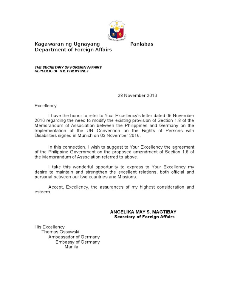 Diplomatic Letter Sample | Diplomatic Mission | Foreign Relations