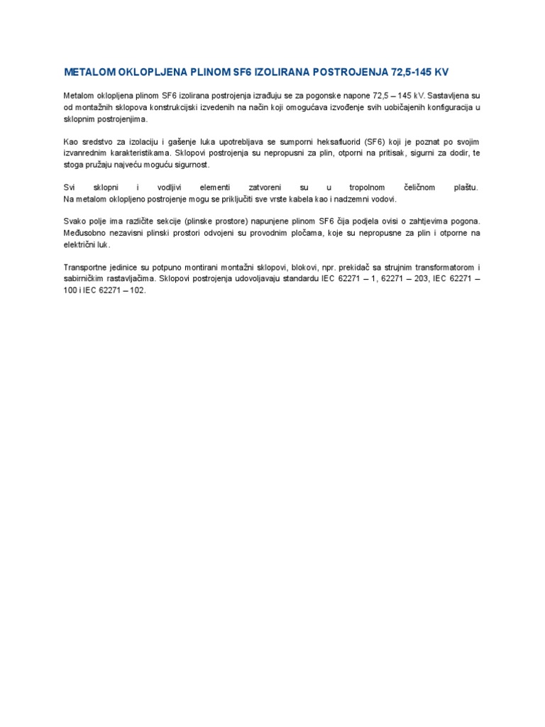 Metalom Oklopljena Plinom Sf6 Izolirana Postrojenja 72 | PDF