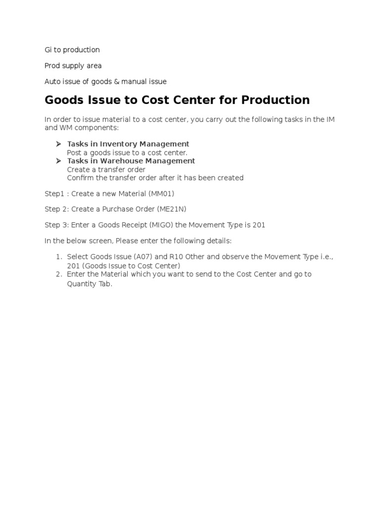 Goods Issue to Cost Center Process | PDF | Delivery (Commerce) | Warehouse