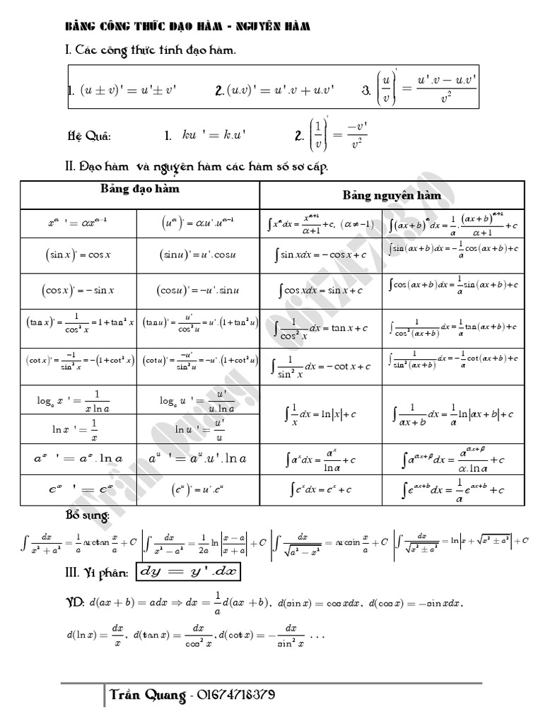 Bang Cong Thuc Tich Phan Dao Ham Mu Logarit PDF | PDF | Teaching Methods & Materials