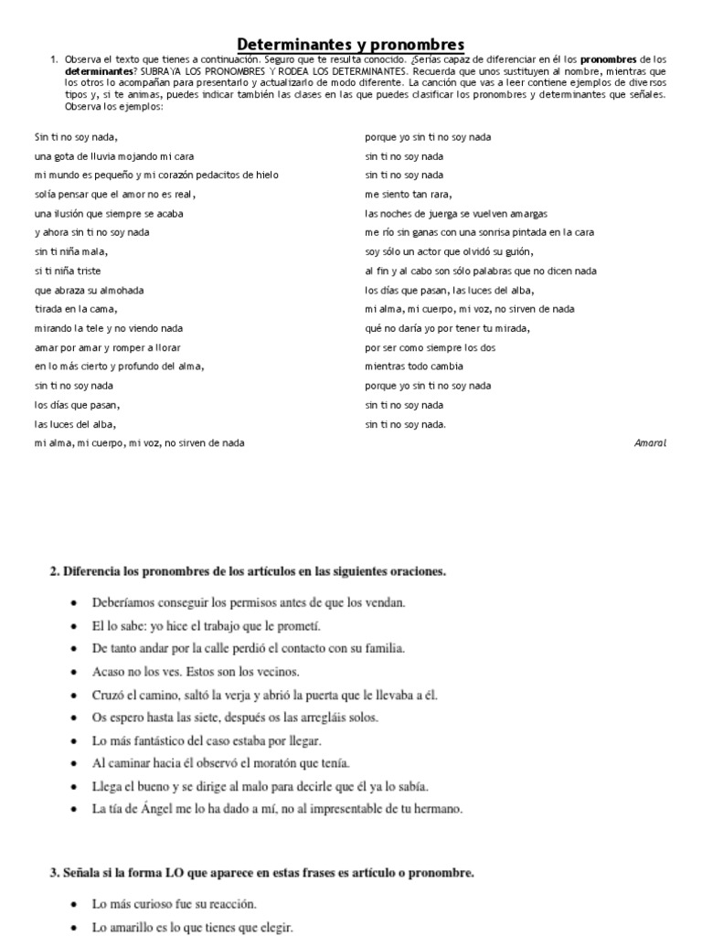 Determinantes y Pronombres Actividades Determinantes y Pronombres Actividades
