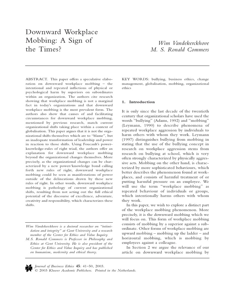 Downward Workplace Mobbing A Sign of The | PDF