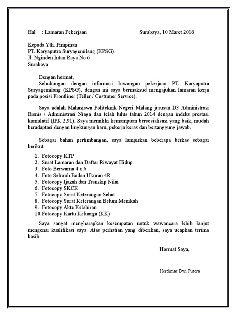 Surat Lamaran - KPSG | PDF