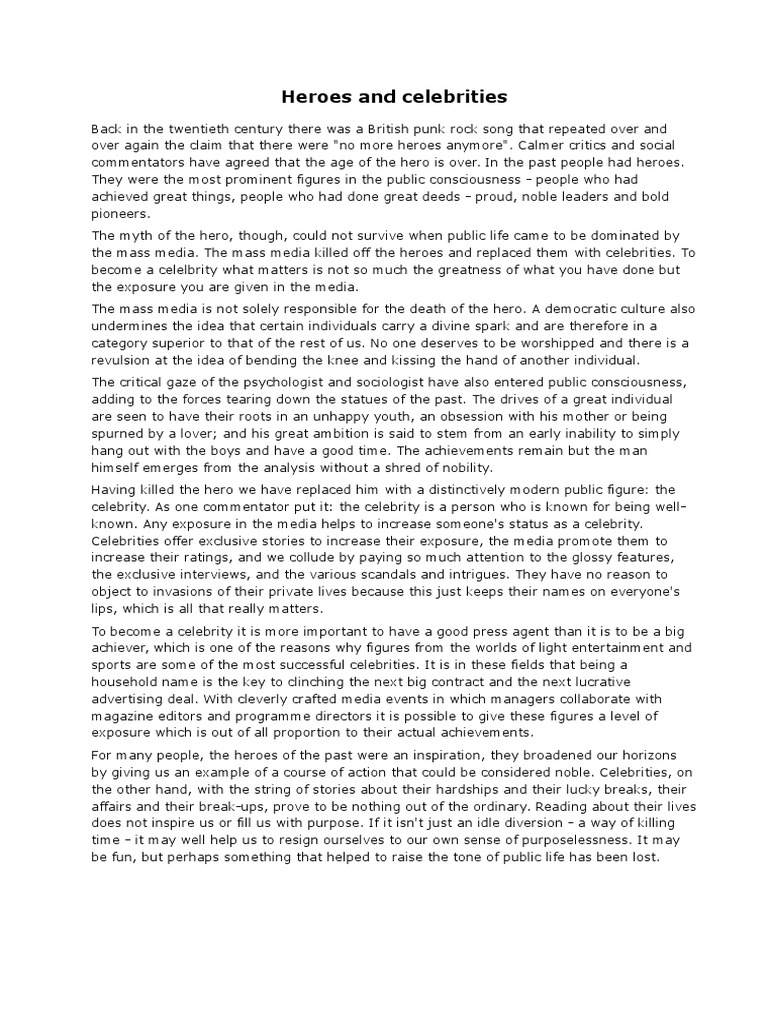 Heroes and Celebrities, Reading, Vocab | PDF | Celebrity | Hero