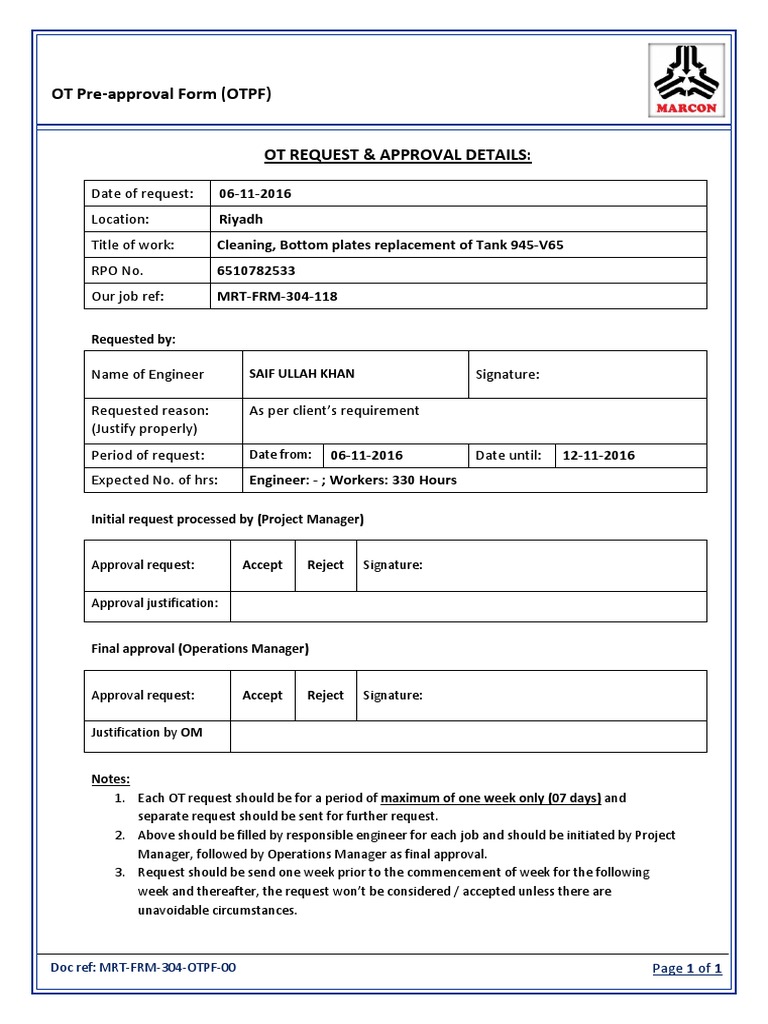 OT Pre-Approval Form for Tank Maintenance | PDF | Technology & Engineering