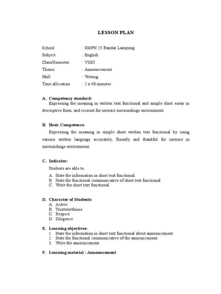 Lesson Plan Announcement | PDF | Lesson Plan | Psychological Concepts