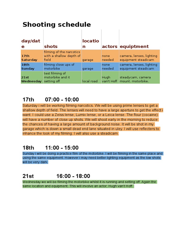 Shooting Schedule: Day/dat e Shots Locatio N Actors Equiptment | PDF