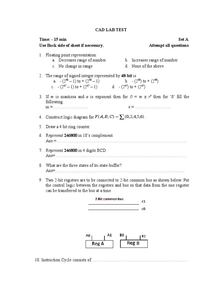 Cad Lab Test Time: - 15 Min Set A Use Back Side of Sheet If Necessary ...