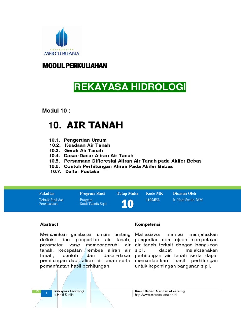 Modul Rekayasa Hidrologi 10 - Air Tanah | PDF