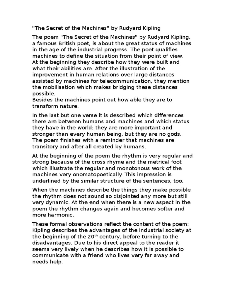Summary of Kipling's "The Secret of Machines" | PDF | Rudyard Kipling ...