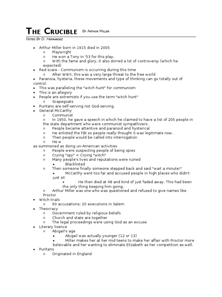 The Crucible Notes | Mc Carthyism | Witchcraft