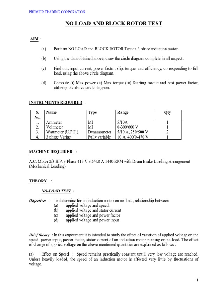 No Load and Block Rotor Test: Premier Trading Corporation | PDF | Force ...