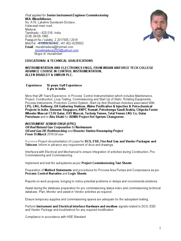 Instrument Commissioning Engineer :murali Resume | PDF | Specification ...