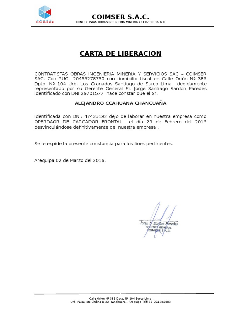 Carta de Liberacion | PDF