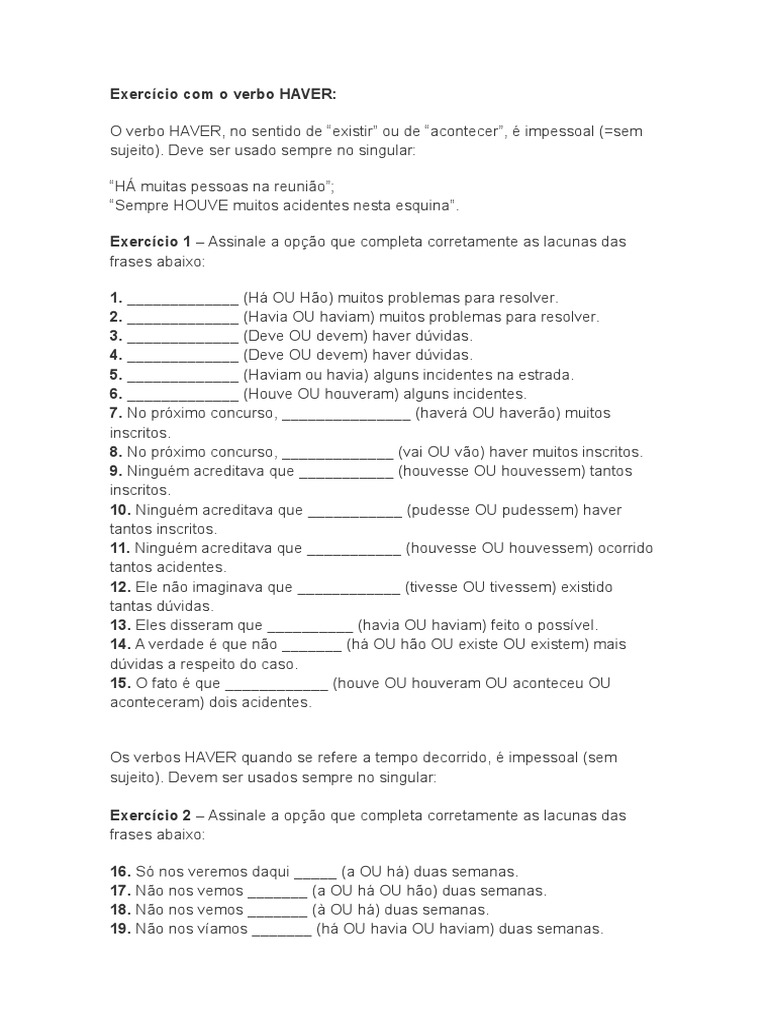 Verbos Haver E Fazer (Explicação E Exercícios) PDF, 40% OFF