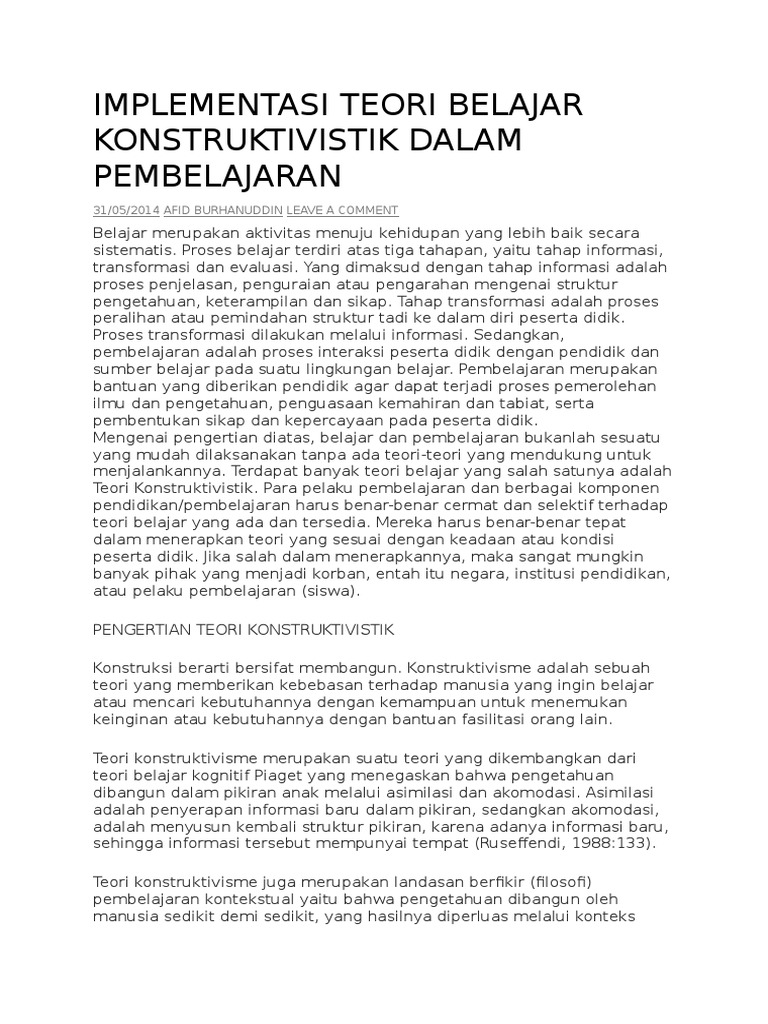 Implementasi Teori Belajar Konstruktivistik Dalam Pembelajaran | PDF
