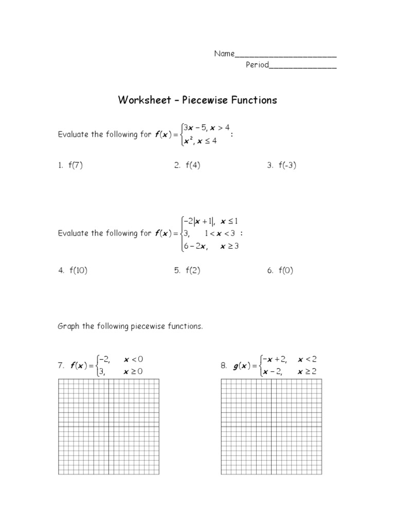 Piecewise Functions Evaluation Worksheet | PDF