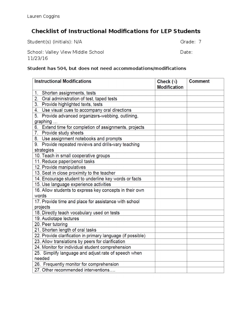 Checklist of Instructional Modifications For Lep Students | PDF ...