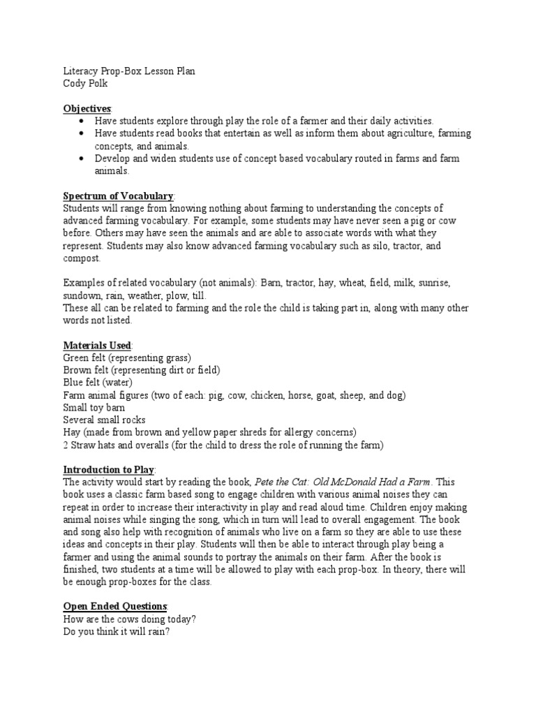 Literacy Prop Box Cody Polk | PDF | Old Mac Donald Had A Farm | Duck
