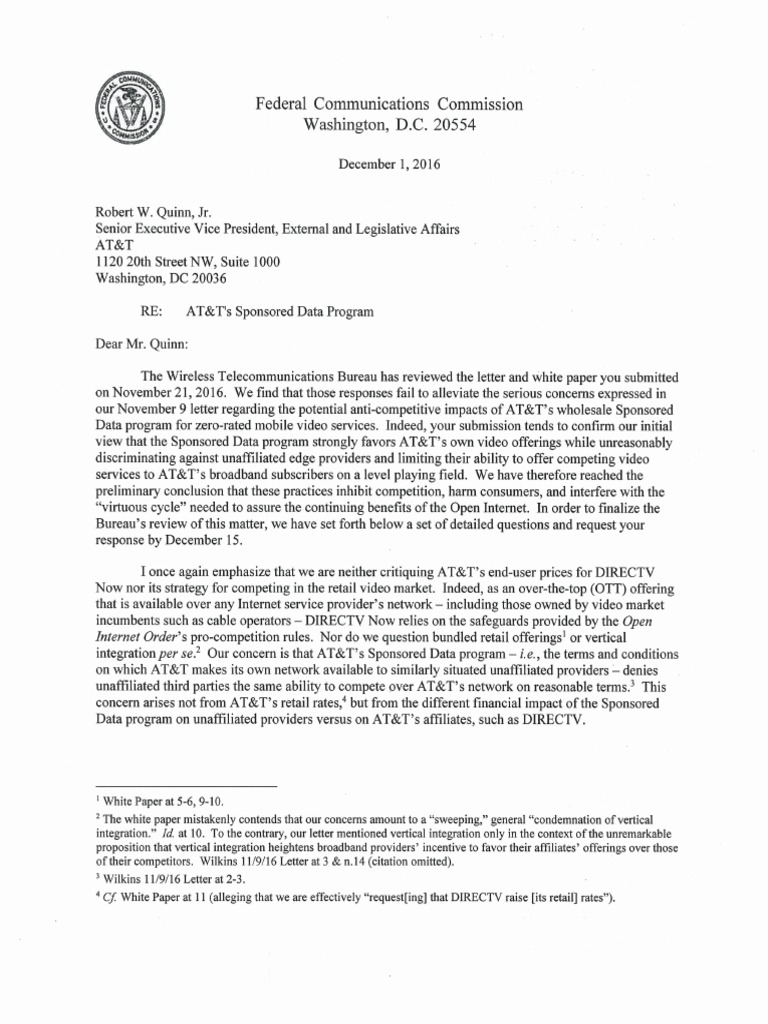 FCC Zero Rating Letter To AT&T | PDF | At&T Mobility | Federal ...