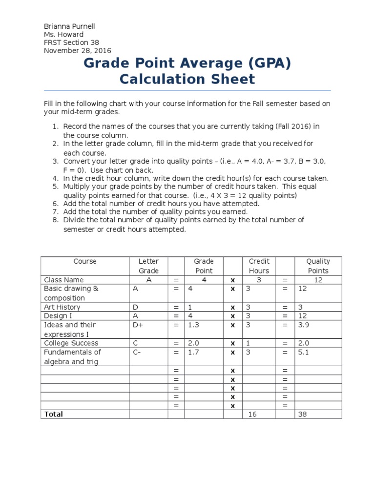 Grade Point Average (GPA) Calculation Sheet | PDF